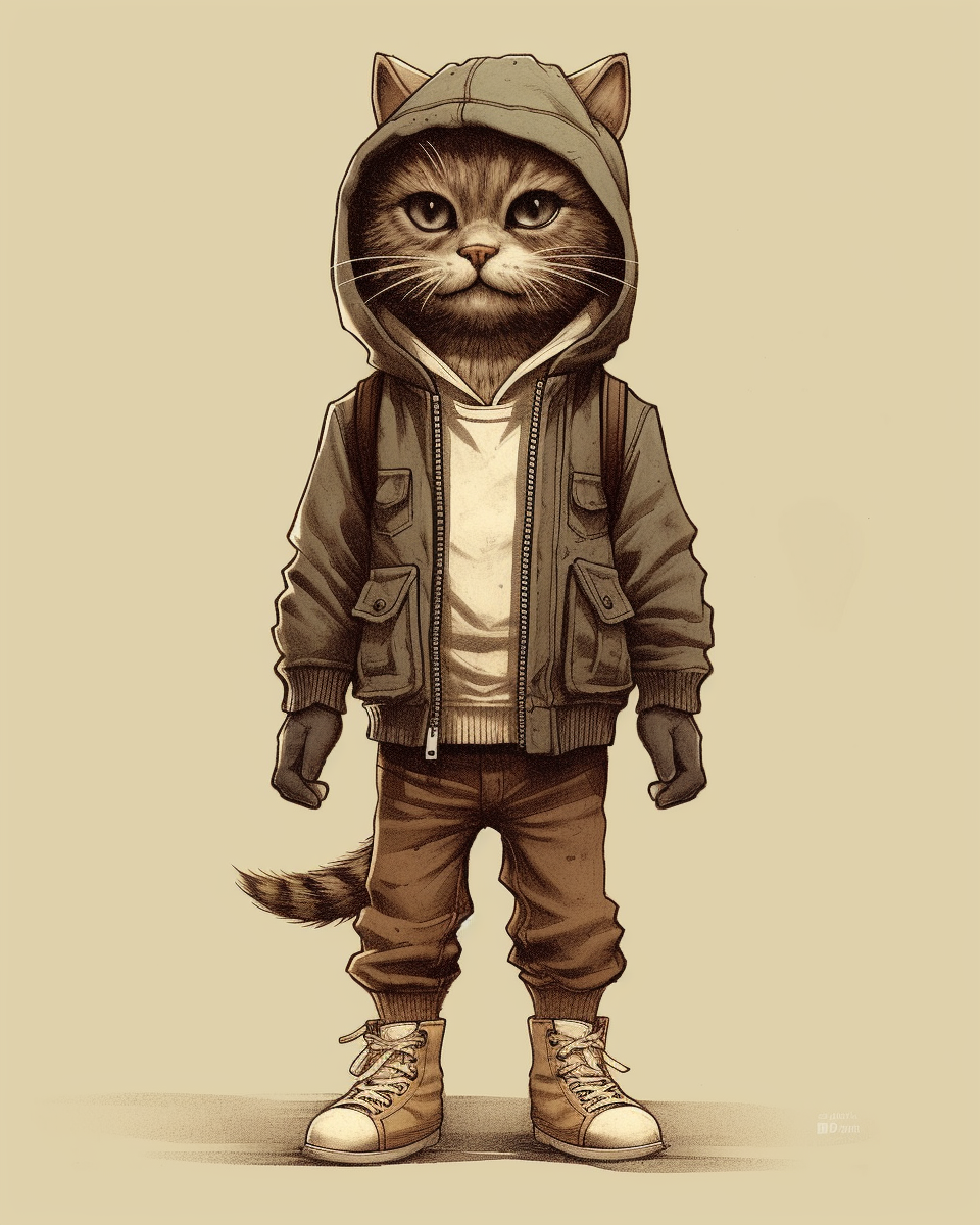 cat in a tracksuit ,wearing a hat,full body shot,with jean jacket,brown pans,boots,scarf ...