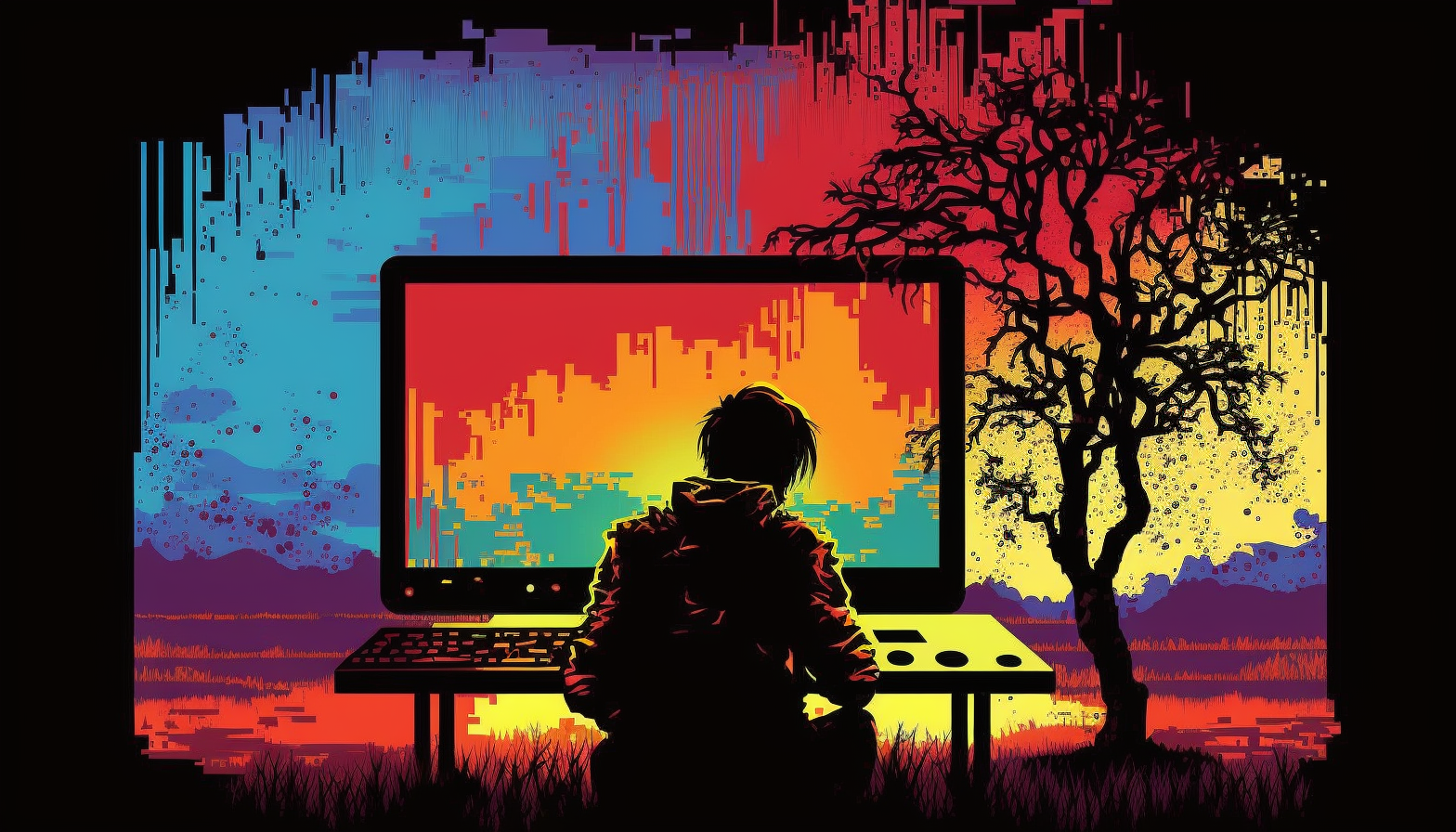 A silhouette of a computer programmer coding on a CRT screen, surrounded by a landscape of ...