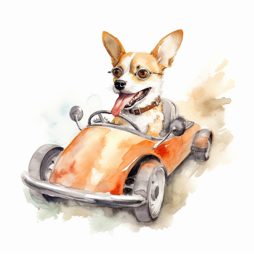 a dog driving a sports car, watercolour, clipart, white background ...