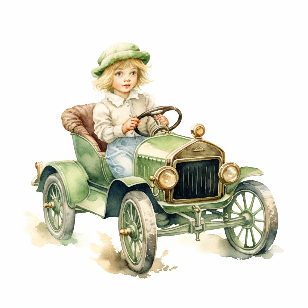 Watercolor Victorian baby girl in driving a green ford t car from the ...