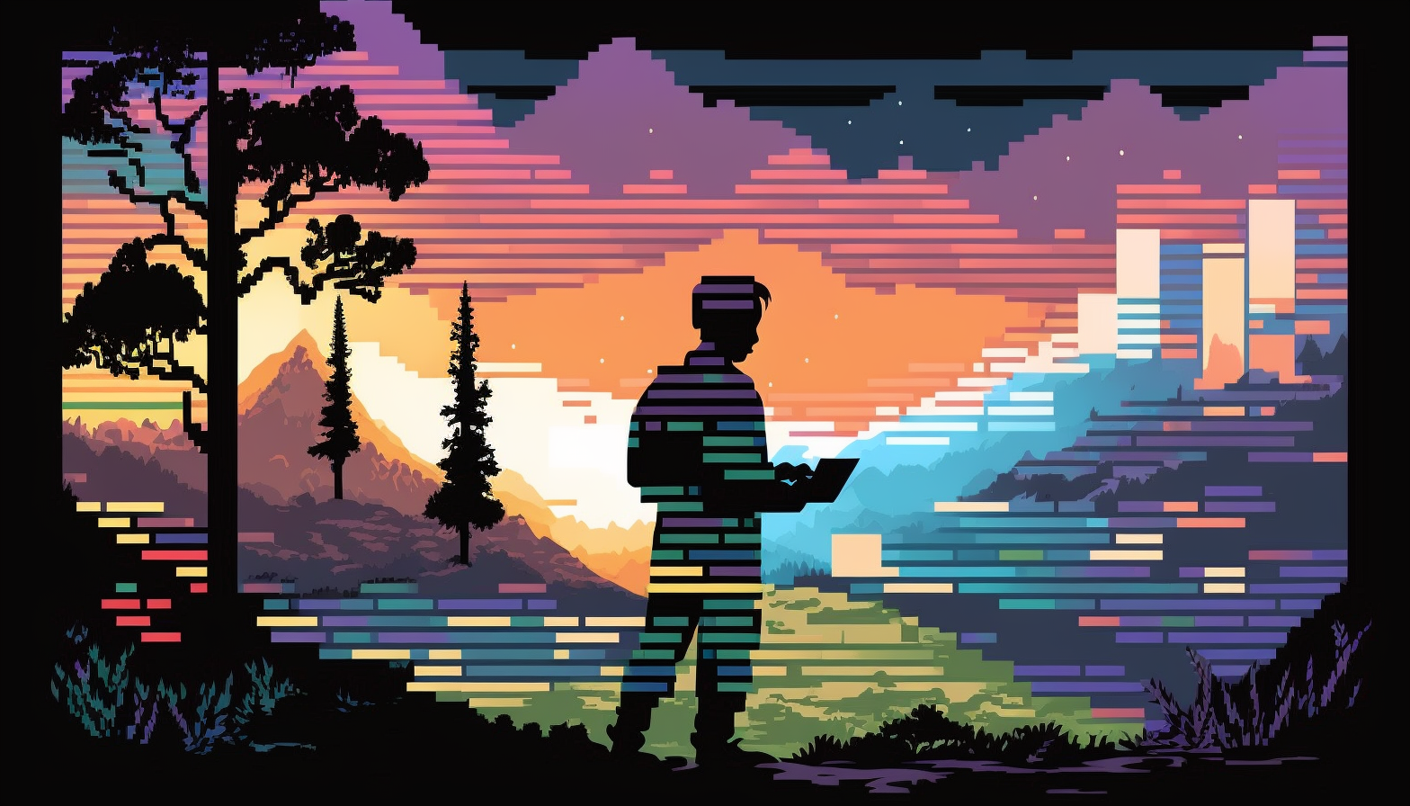A silhouette of a computer programmer coding on a CRT screen, surrounded by a landscape of ...