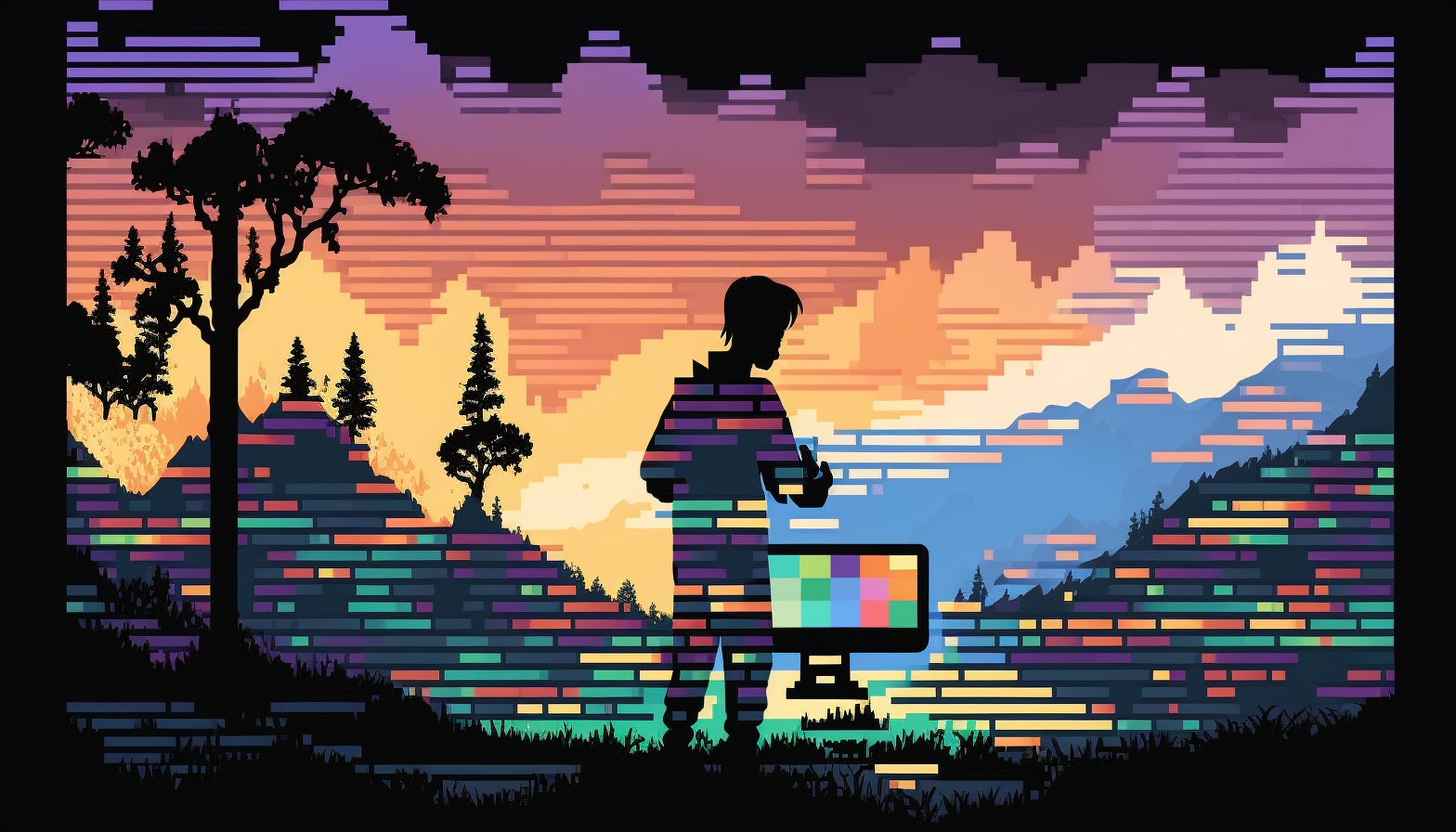 A silhouette of a computer programmer coding on a CRT screen, surrounded by a landscape of ...