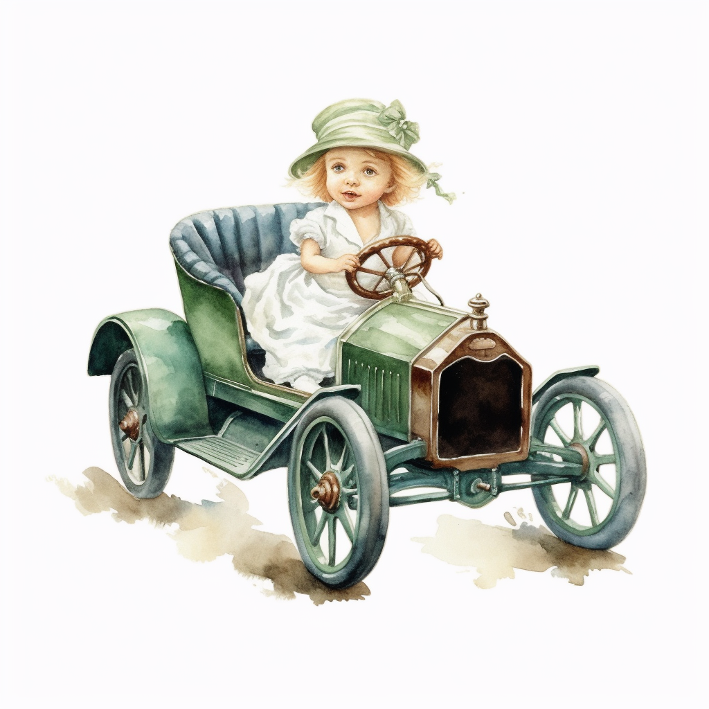 Watercolor Victorian baby girl in driving a green ford t car from the ...