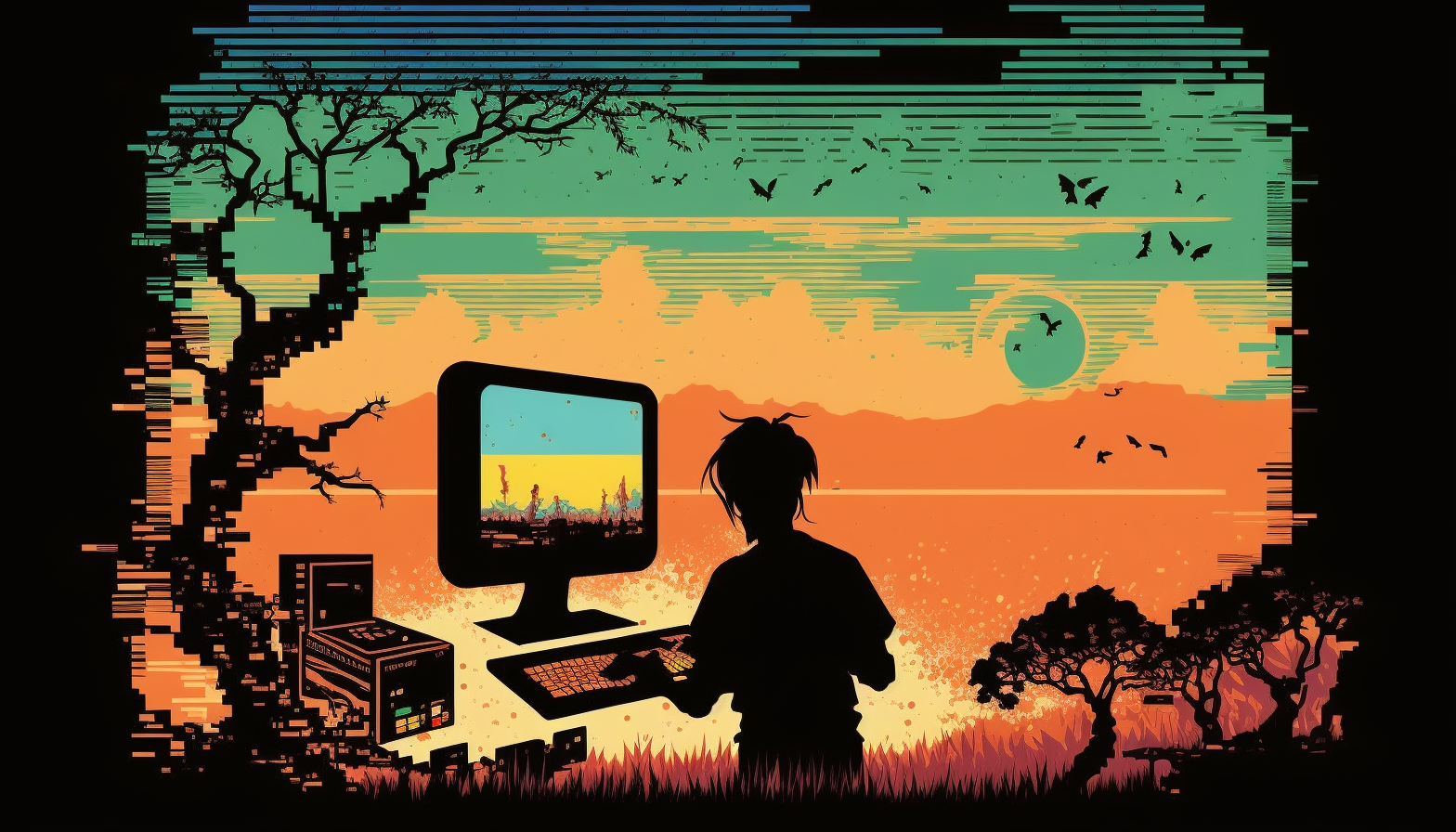 A silhouette of a computer programmer coding on a CRT screen, surrounded by a landscape of ...