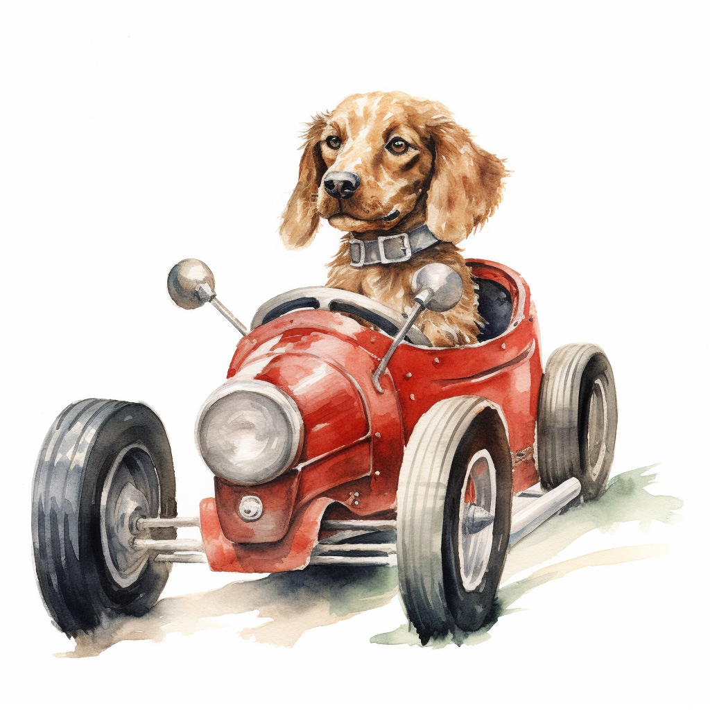 a dog driving a red racing car, watercolour, clipart, white background ...